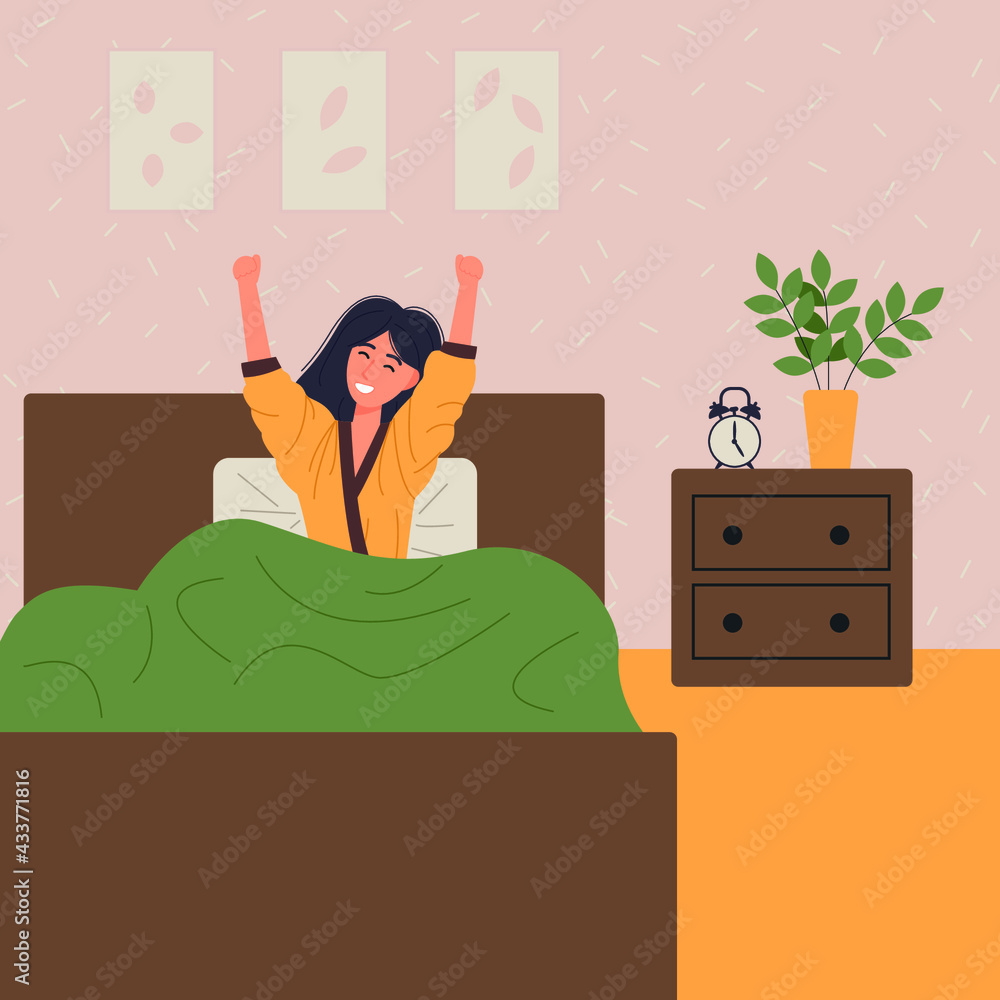 Good morning! A young girl in yellow pajamas woke up early in the ...