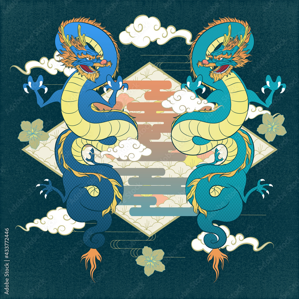 Abstract Art Two Flying Green Gradient Dragon with Gradient Horizontal ...