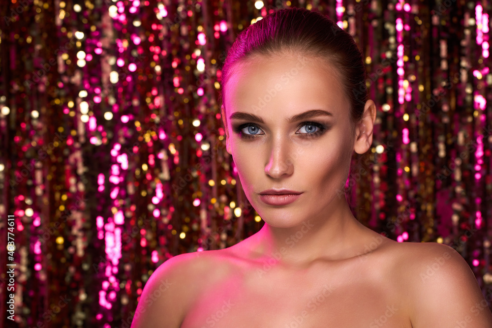 Beauty portrait of a High Fashion model woman in colorful bright neon ...