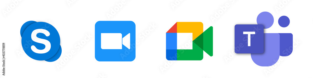 Zoom, Skype, Teams and Meet. Vector logos of streaming services. Remote ...