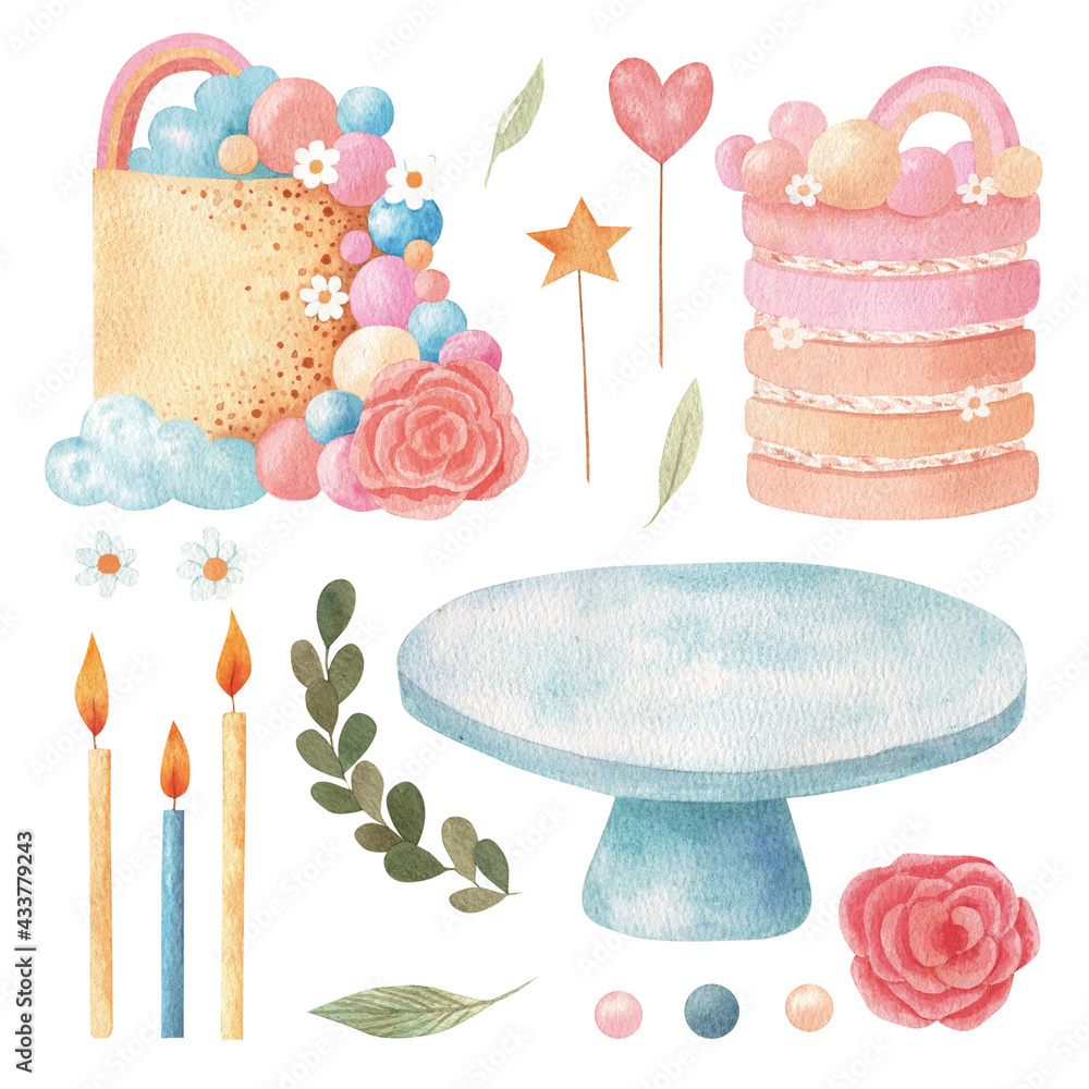 Boho cake clipart, Watercolor birthday cake PNG set, Dessert clipart ...