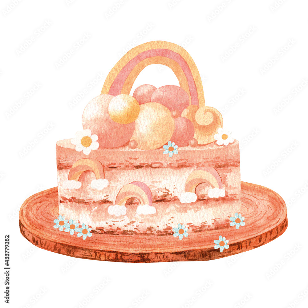 Boho cake clipart, Watercolor birthday cake PNG set, Dessert clipart ...