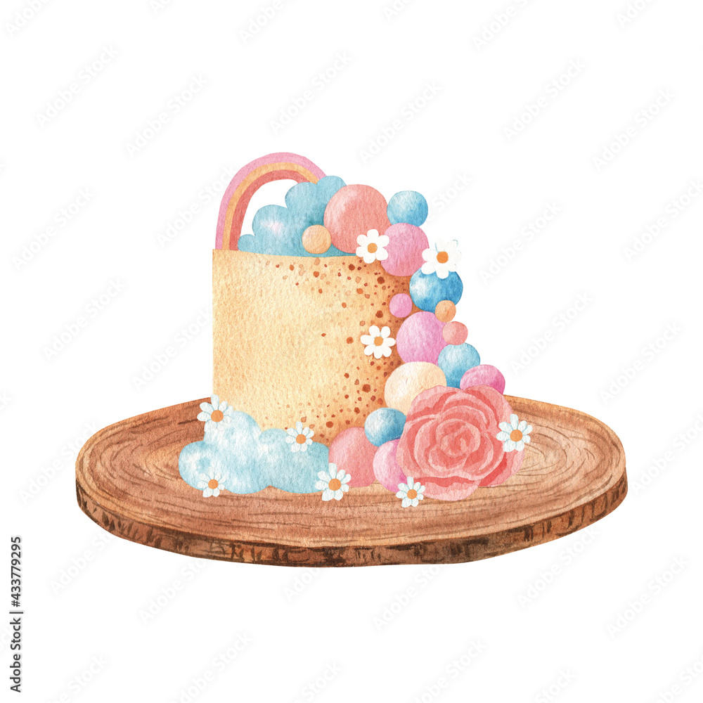 Boho cake clipart, Watercolor birthday cake PNG set, Dessert clipart ...