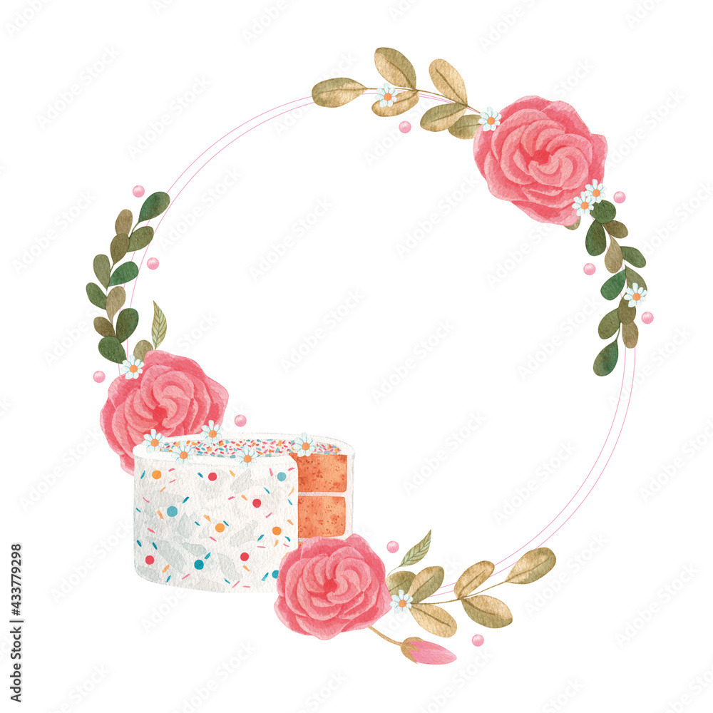 Boho cake wreath logo, Watercolor birthday cake set, Dessert clipart ...