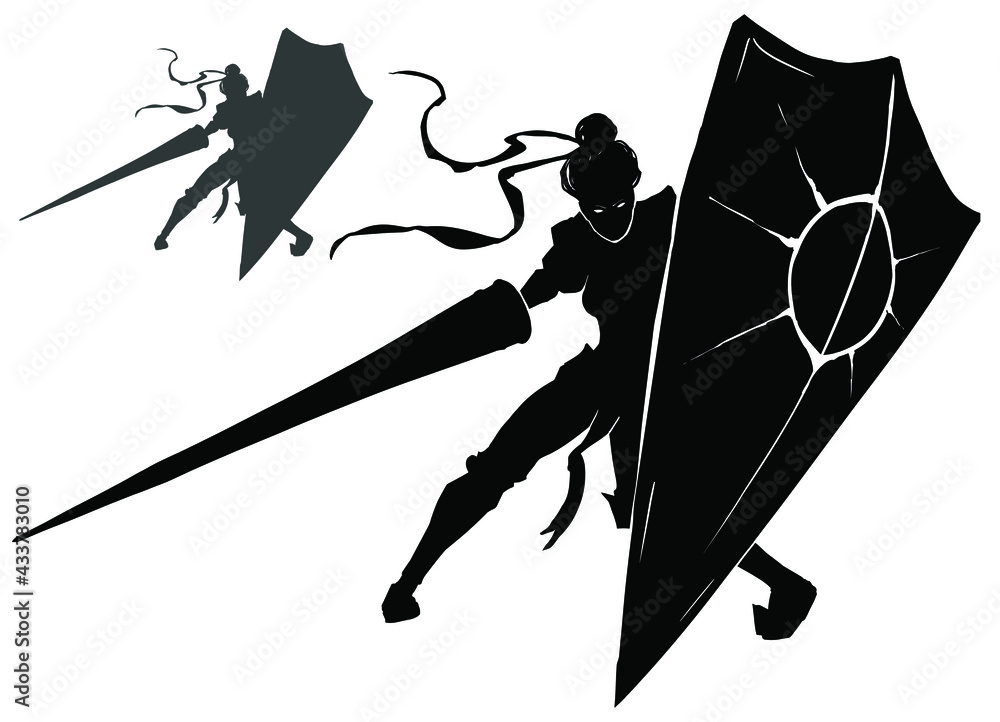 The black silhouette of a female knight in plate armor, with a huge ...