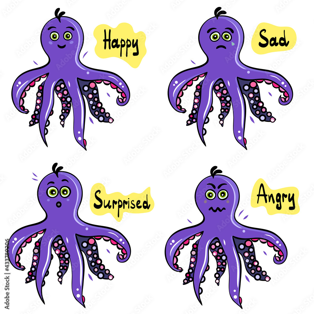 Vector cartoon octopus set or collection. Cartoon faces. Smiling ...