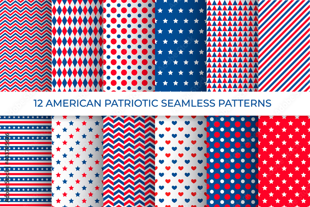 12 American patriotic seamless patterns. USA traditional stars and ...