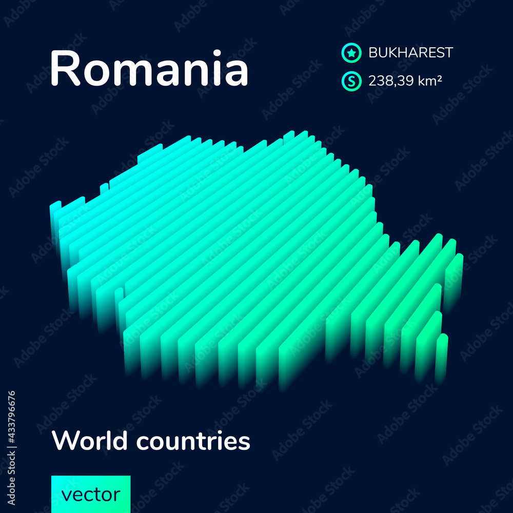 Stylized neon simple digital isometric striped vector Romania map, with ...