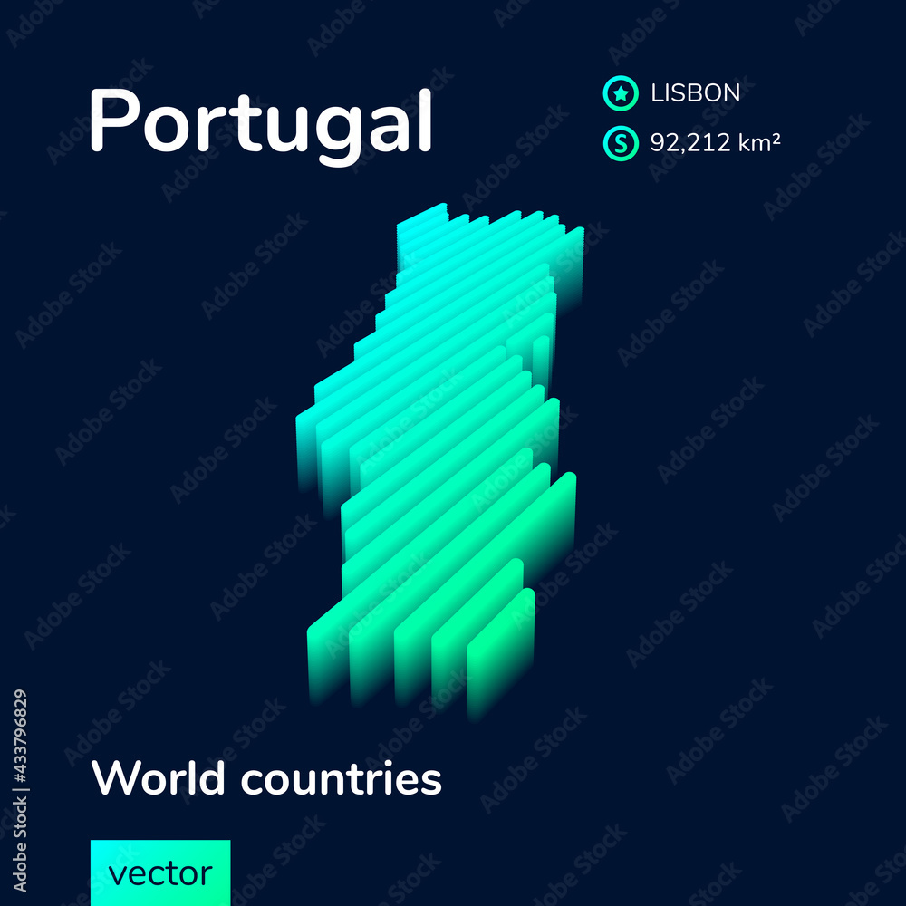 Stylized neon simple digital isometric striped vector Portugal map ...