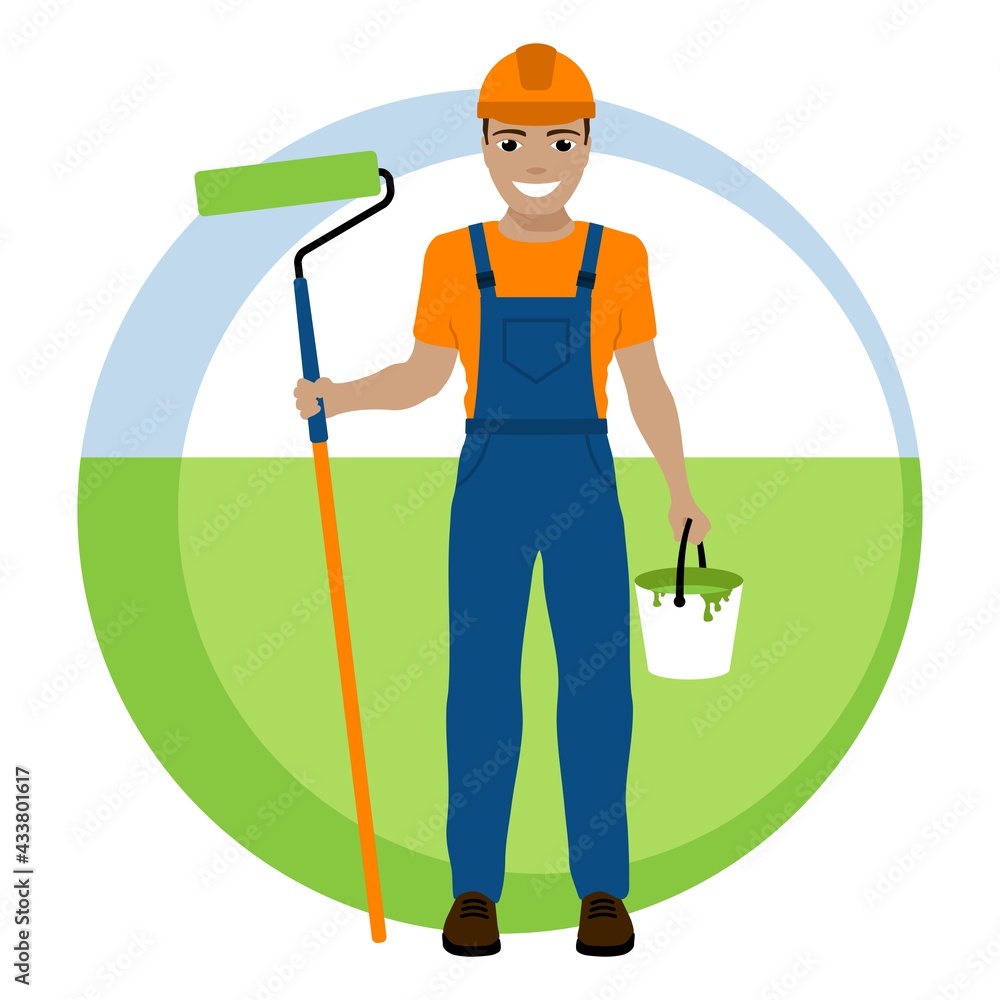 Smiling worker painter in a safety helmet and with a roller. Vector ...
