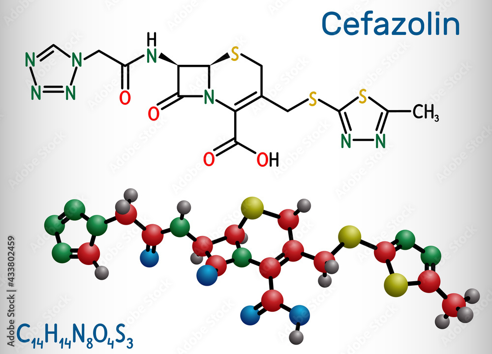 Cefazolin, cefazoline, cephazolin molecule. It is s beta-lactam ...
