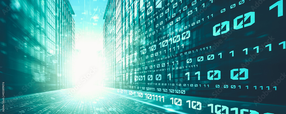 Digital data flow on road with motion blur to create vision of fast ...