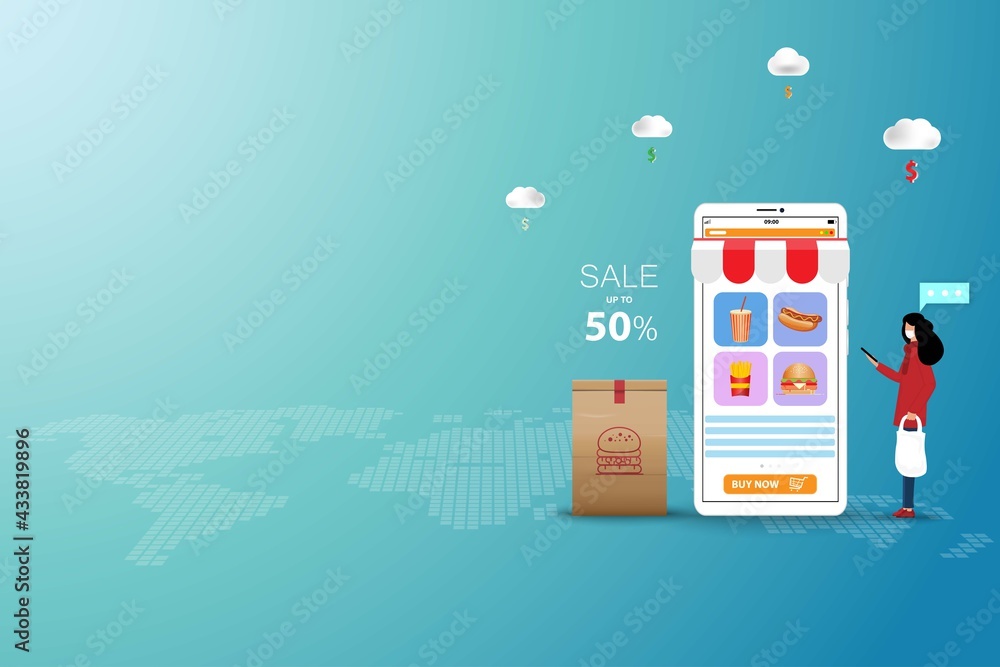 Concept of online fast food delivery service, young woman wear a face ...