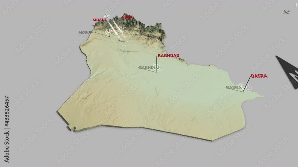 Seamless looping animation of the 3d terrain map of Iraq with the ...