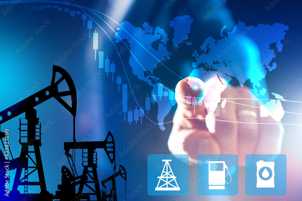 Oil map next to trader hand. Blue illustration on theme of petroleum ...
