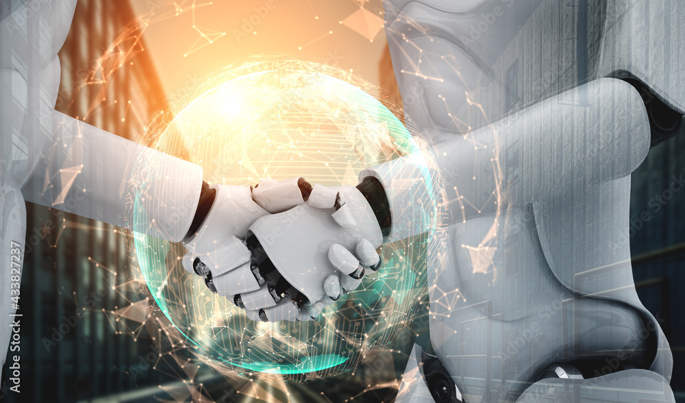 3D rendering humanoid robot handshake to collaborate future technology ...