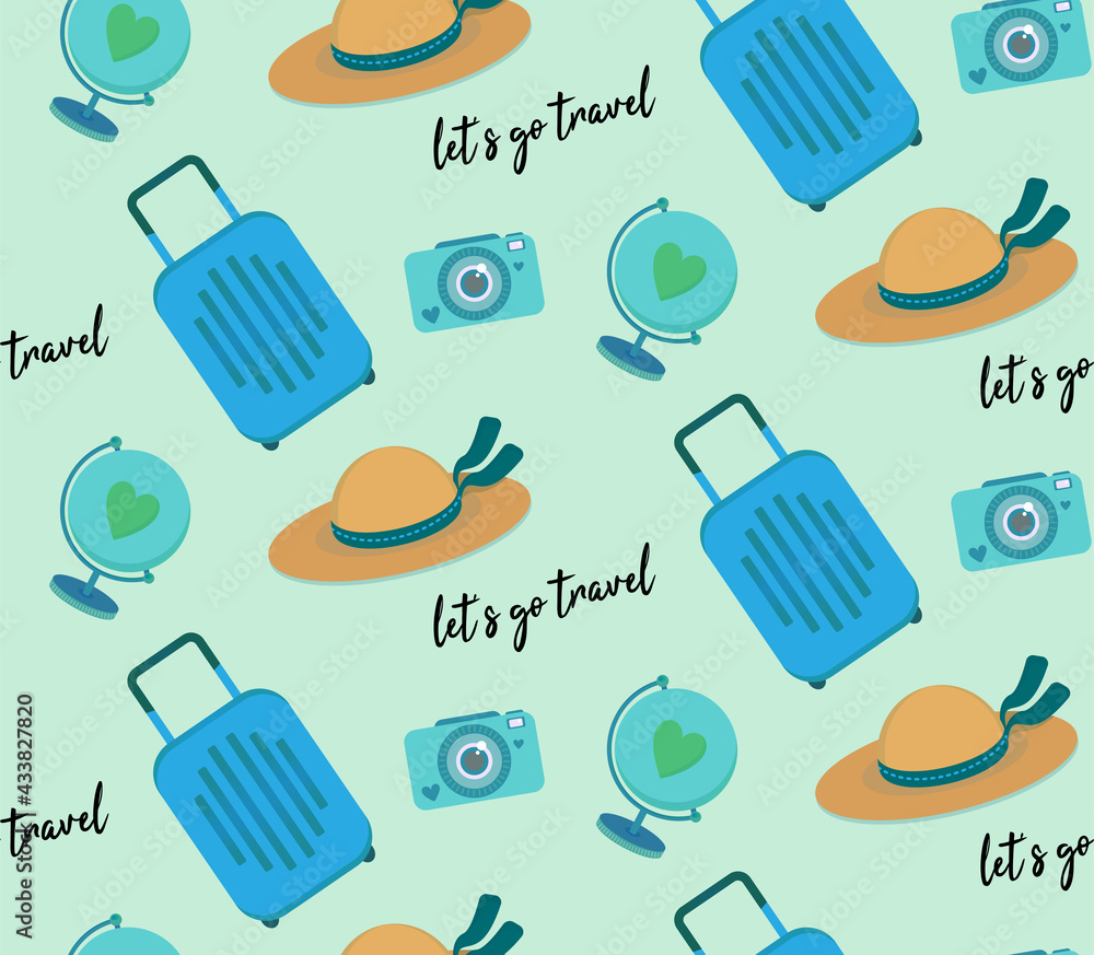 Vector seamless pattern with travel clip art set of objects - luggage ...