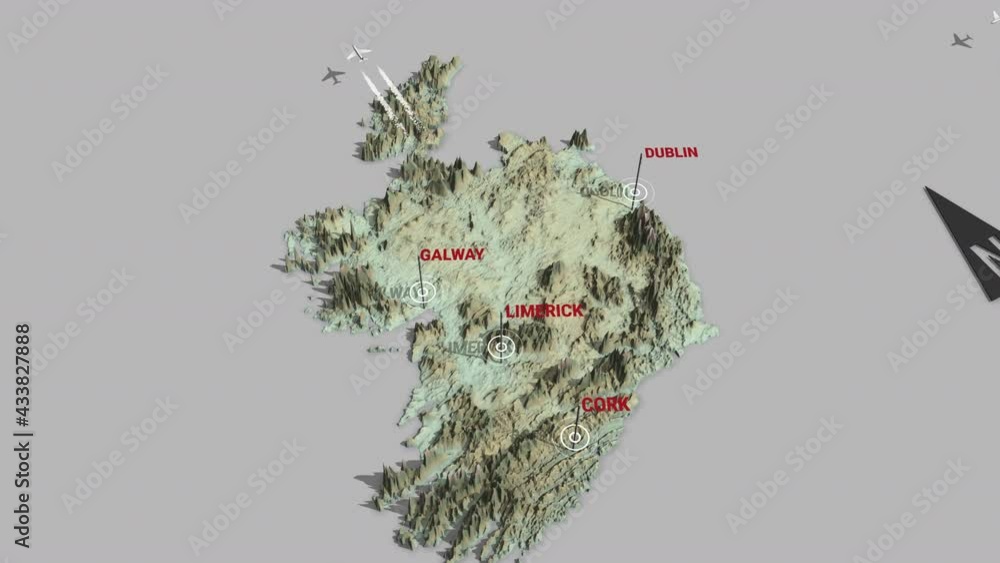 Seamless looping animation of the 3d terrain map of Ireland with the ...