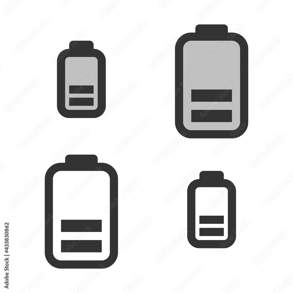 Pixel-perfect linear icon of battery half charge level built on two ...