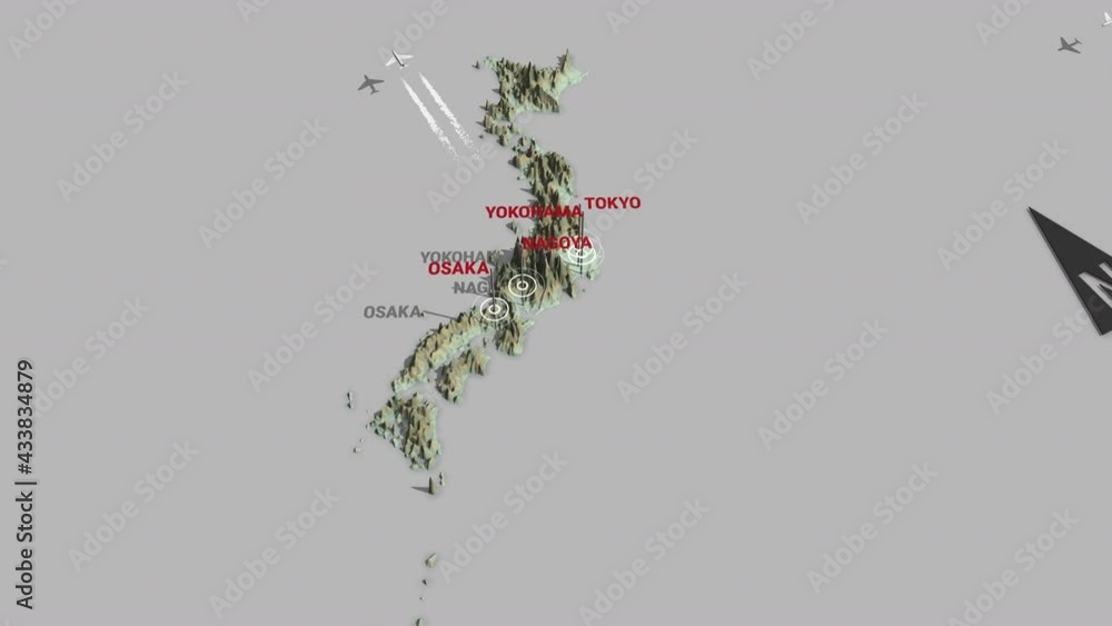Seamless looping animation of the 3d terrain map of Japan with the ...