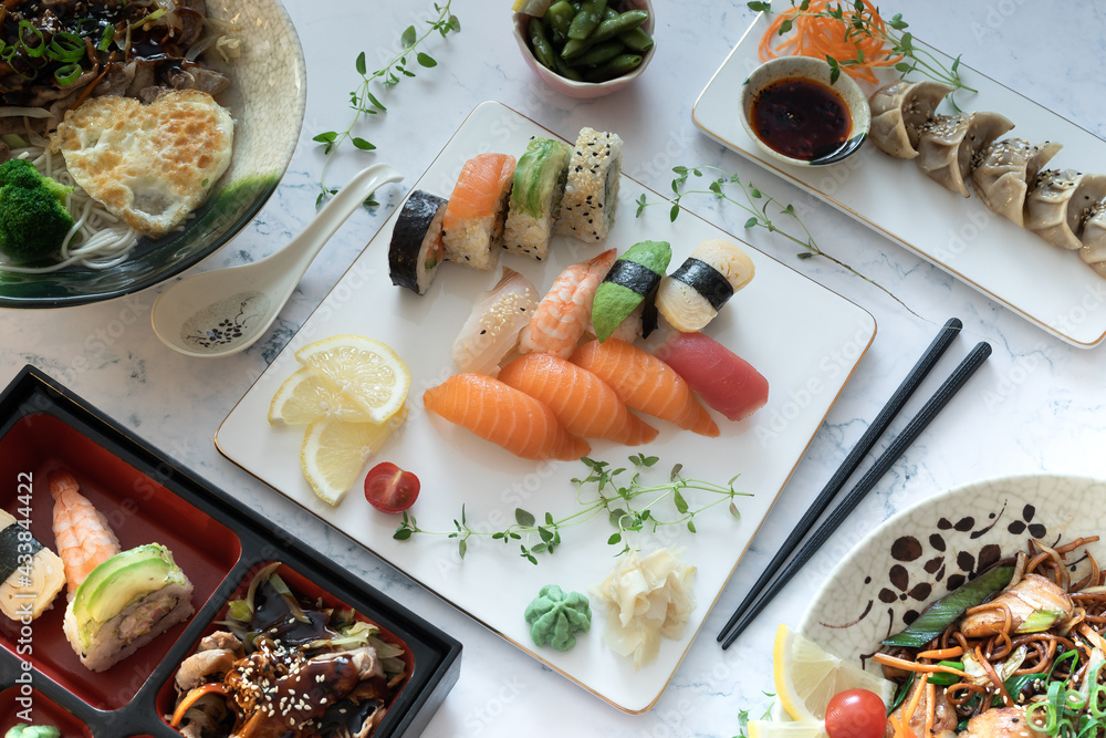 A top-down view of several varieties of Japanese izakaya-style ...