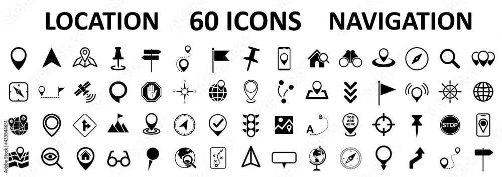 Location set icons, navigation signs, GPS location symbols, collection ...