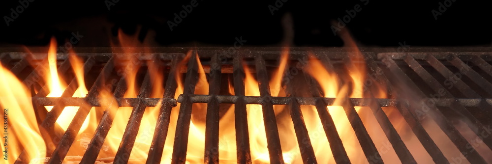 Barbecue Fire Grill Isolated On Black Background. BBQ Flaming Charcoal ...