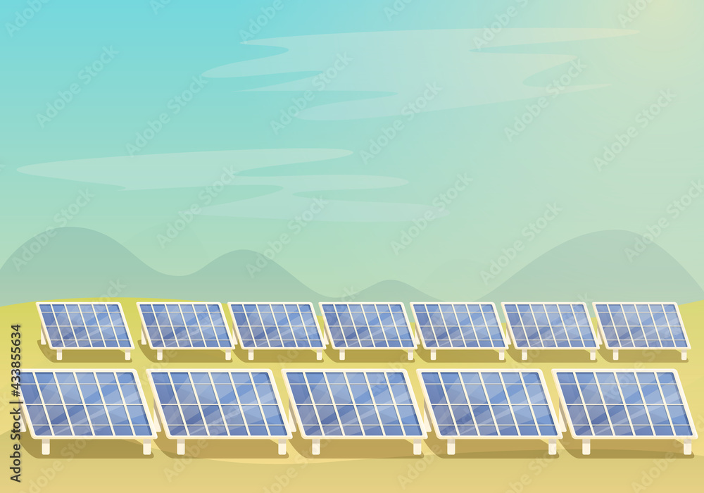 cartoon solar power plant in a field in the desert during the day ...