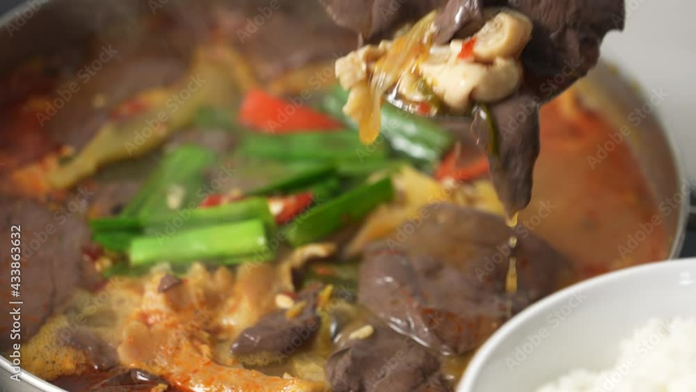 Pig intestine with duck blood. Taiwanese traditional spicy hot pot soup ...