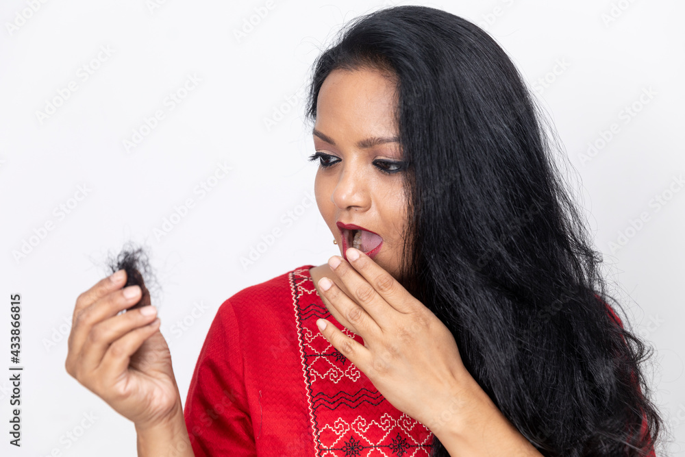 Portrait of Indian woman with long hair facing hair fall problem, hair ...