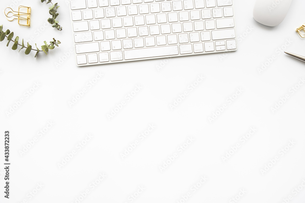 Beutiful white office desk table with computer keyboard and mouse with ...