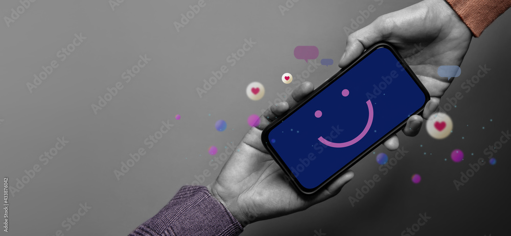 Customer Experience Concept. Happy Client giving a Smiling Emoticon via ...