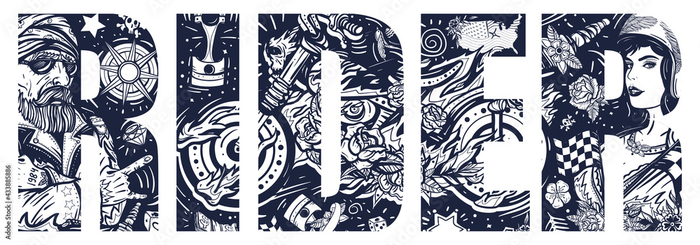 Rider slogan. Bikers lifestyle. Typography art. Tattoo style. Vector ...