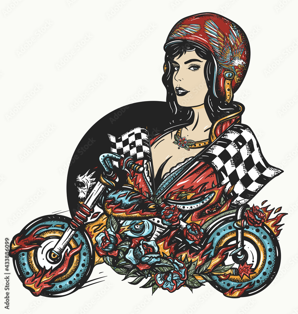 Biker girl and burning motorcycle. Pin up rider sport woman.Old school ...