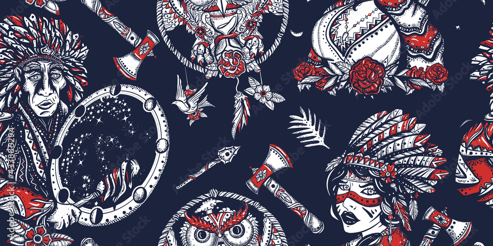 Native American Indian. Dark seamless pattern. Tribal culture and ...