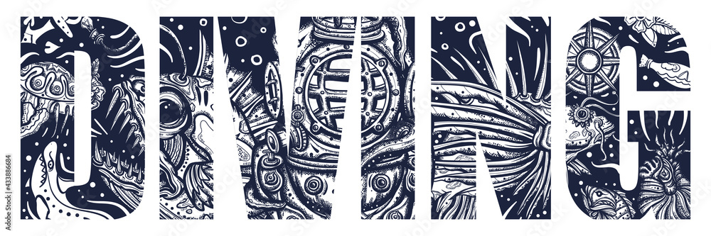 Diving slogan. Double exposure lettering. Typography art. Angler fish ...