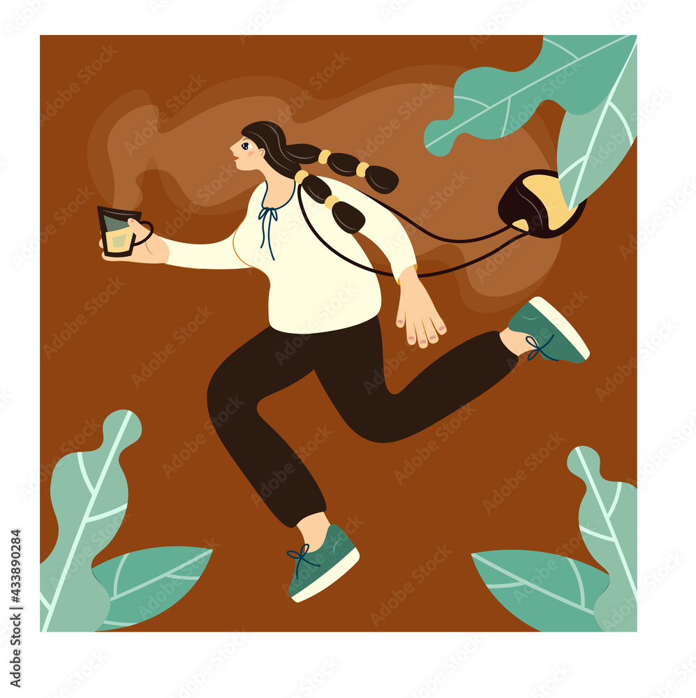 Woman running to work. Chubby girl runs and drinks coffee on the go. An ...