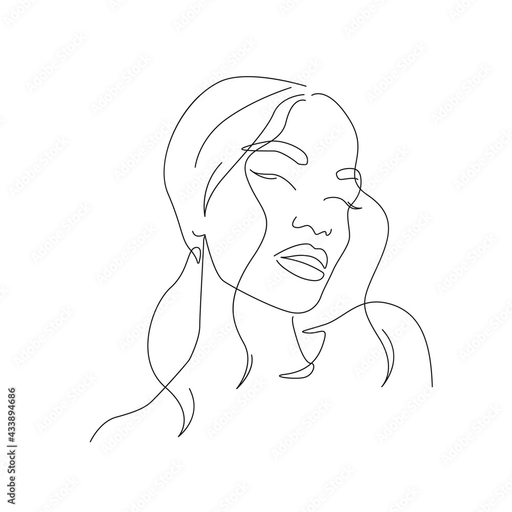 Woman Face Line Art Drawing Black Sketch Isolated On White Background