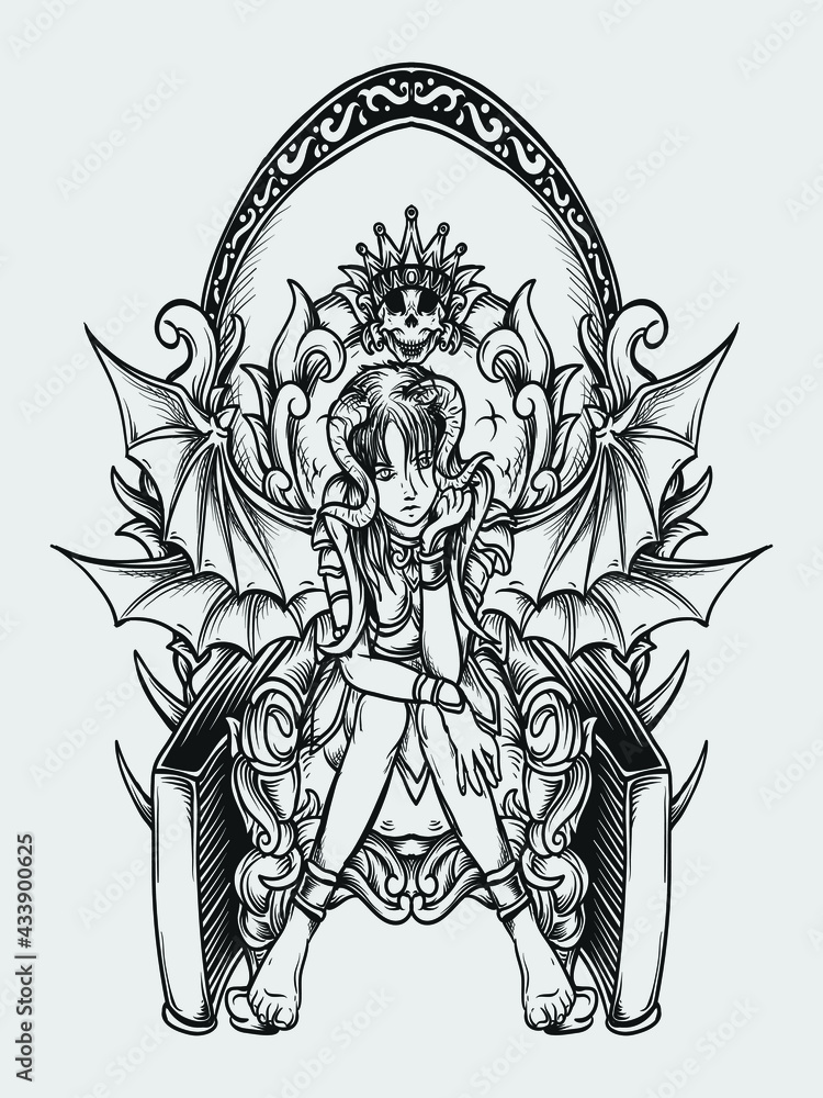tattoo and t shirt design black and white hand drawn devil princess ...