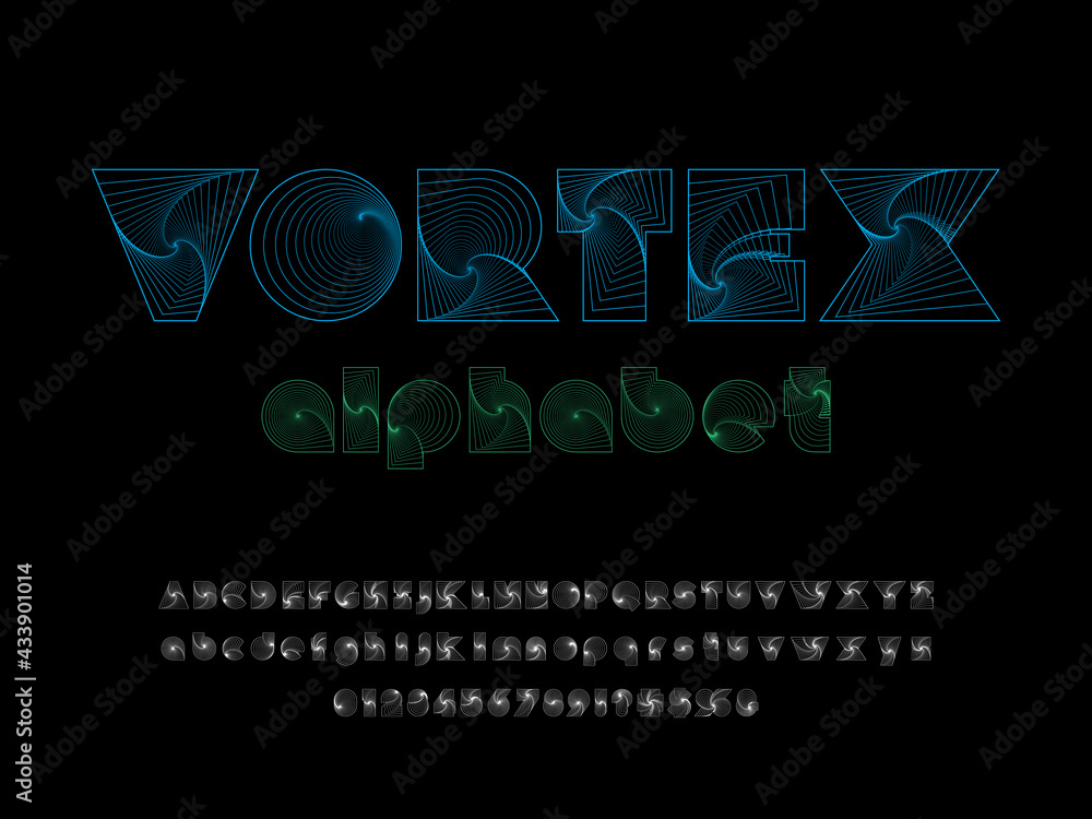 Spiral vortex style alphabet design with uppercase, lowercase, numbers ...