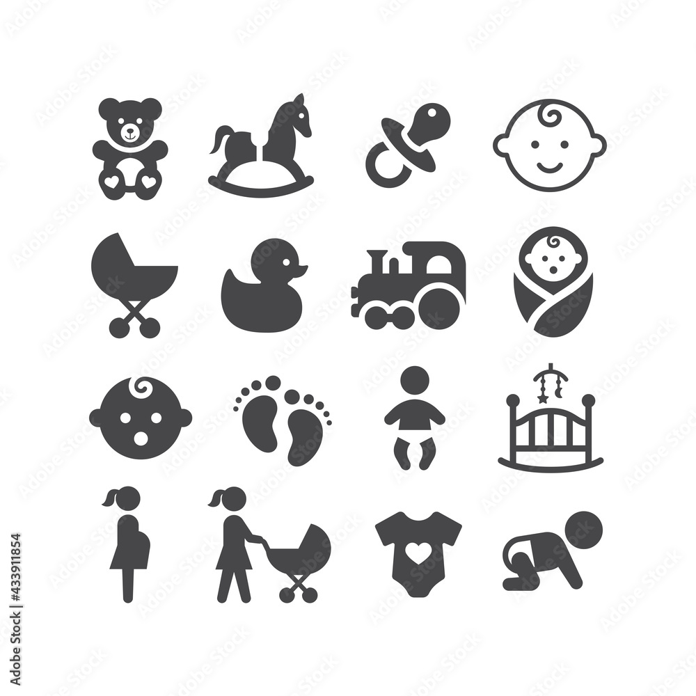Baby black vector icon set. Pram, dummy, toy, baby cradle symbols ...