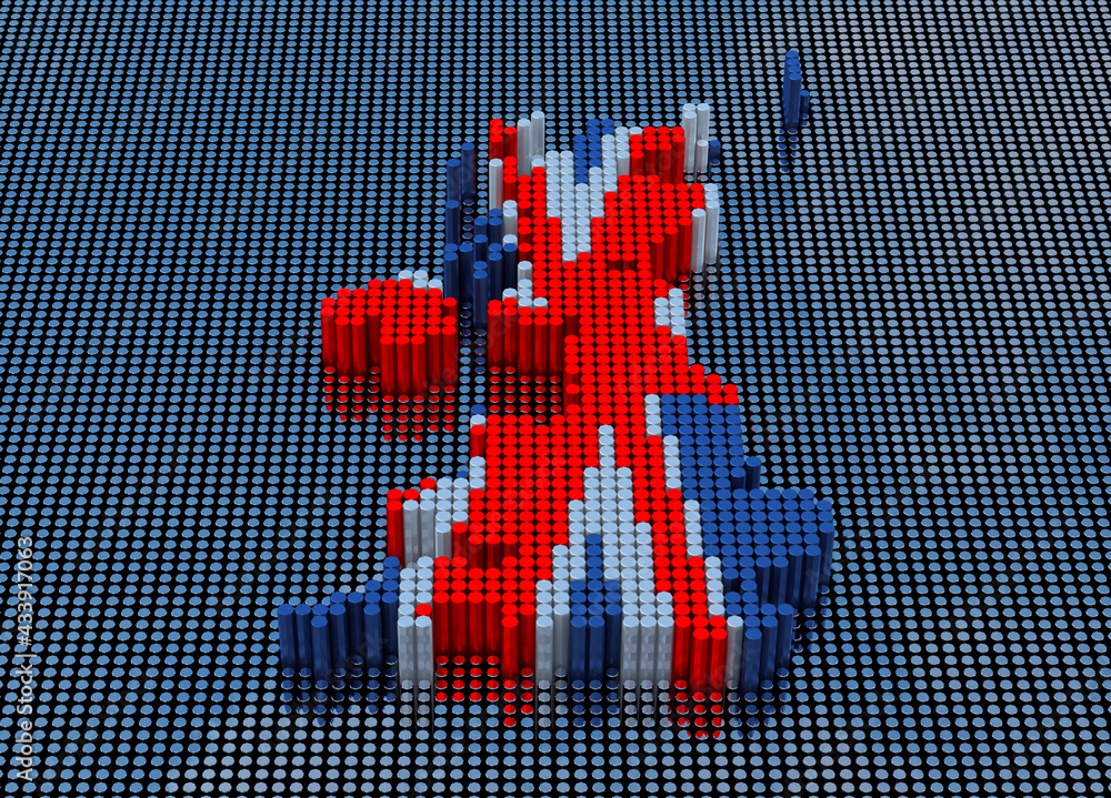 Pixel Art Style England Map with England flag colors. 3d Rendering ...