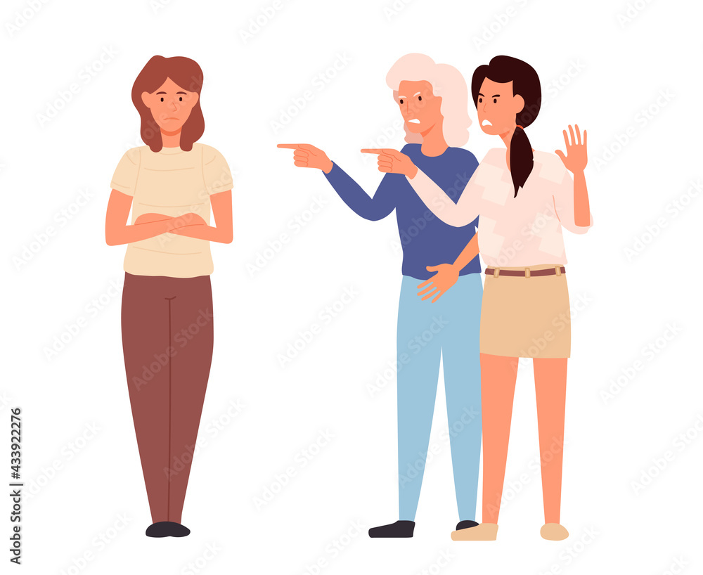 Sad woman looking down and another other women point fingers at her ...