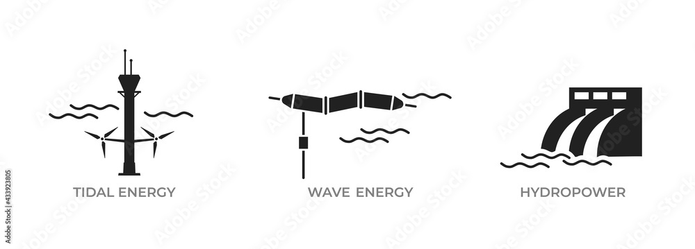 water energy icon set. tidal, wave and hydroelectric power plant ...