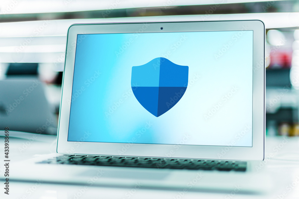 Laptop computer displaying logo of Microsoft Defender Antivirus Stock ...