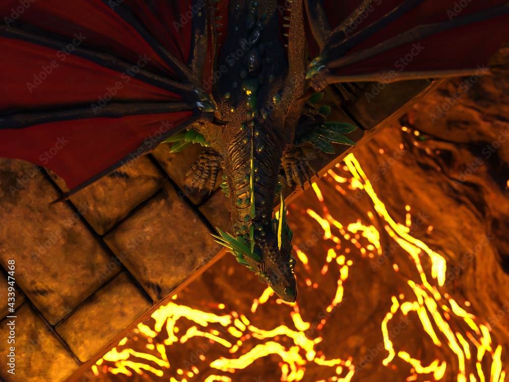 Overhead view illustration of a dragon on a stone bridge looking ...