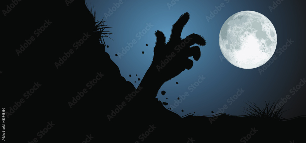 Rise of zombies hand from the ground to yhe moon. Hands on other layer ...