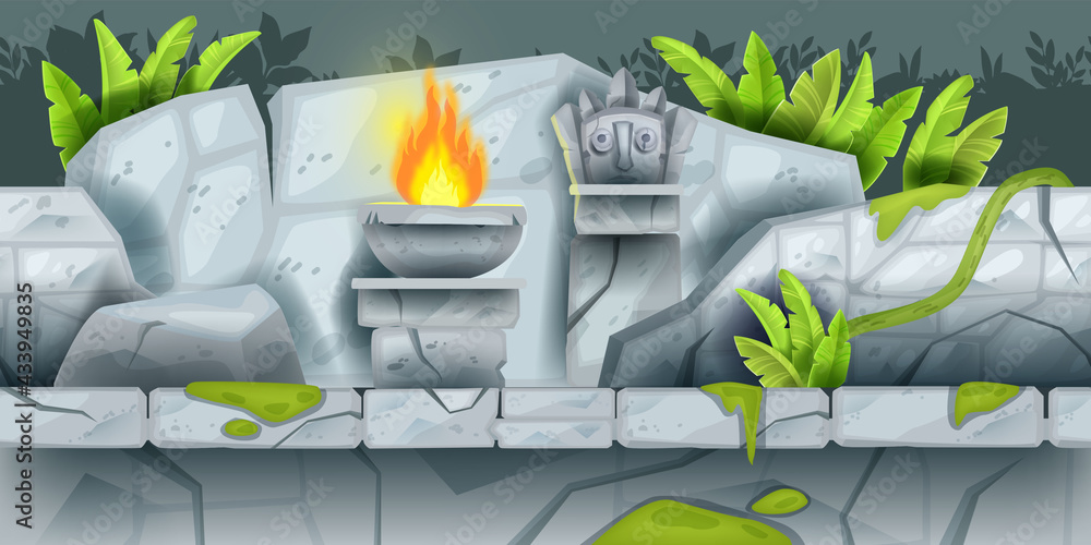 Jungle game seamless vector landscape, maya Aztec ancient temple ruin ...