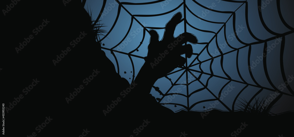 Rise of zombies hand from the ground. Scary cobweb or spider web. Hands ...