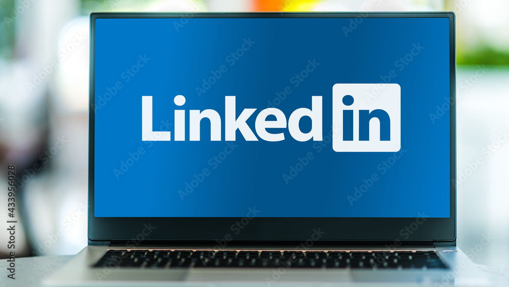Laptop computer displaying logo of LinkedIn Stock Photo | Adobe Stock